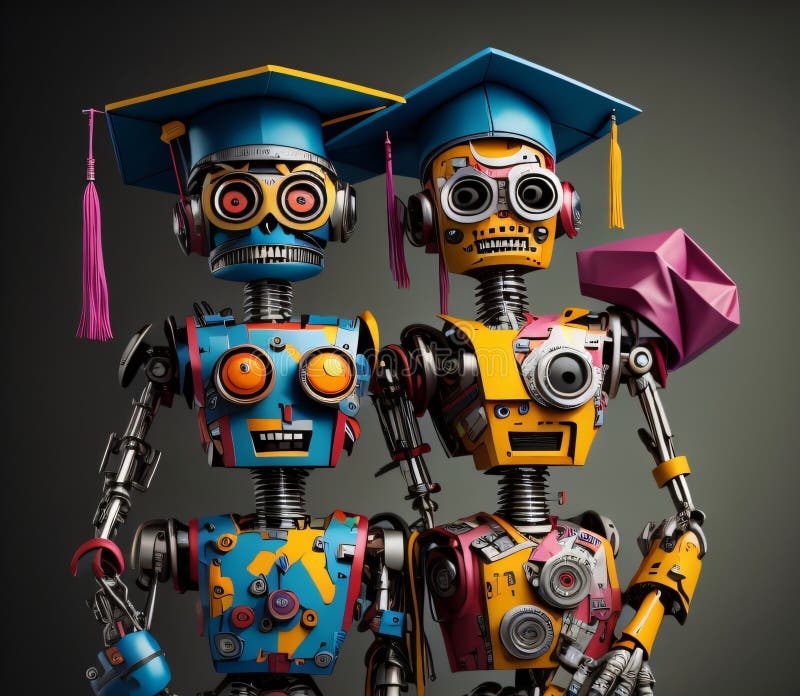 Queue the Celebrations. Portrait of Two Funny Robot Students Posing on ...