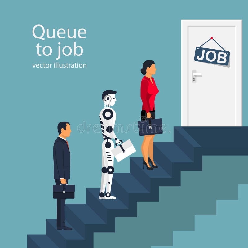 Queue To Work Man Woman and Robot Stock Vector - Illustration of ...