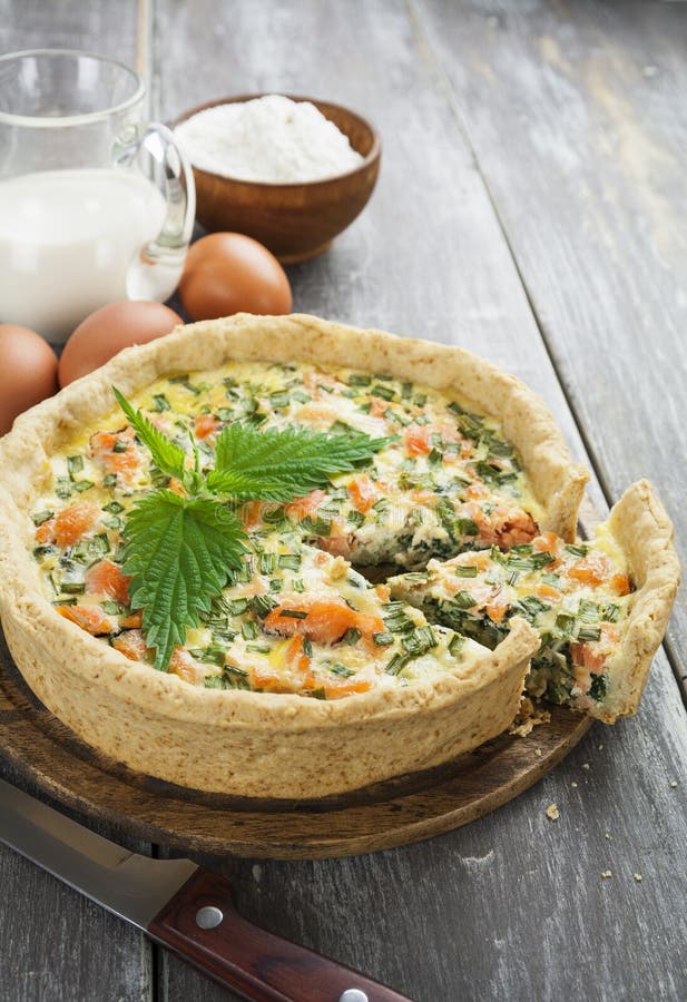 Quiche Pie with Fish and Nettles Stock Image - Image of salmon, white ...