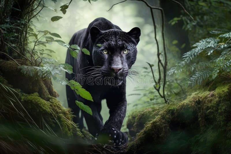 Quick-moving Panther on the Prowl in Dense Forest Stock Illustration ...