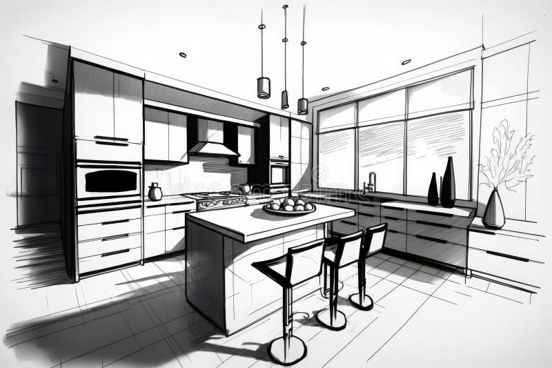 Quick Sketch of a Simple, Modern Kitchen with Sleek Design and Clean ...