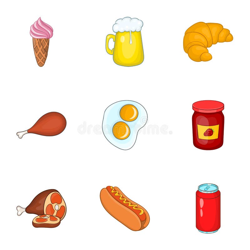Quick Snack Icons Set, Cartoon Style Stock Vector - Illustration of ...