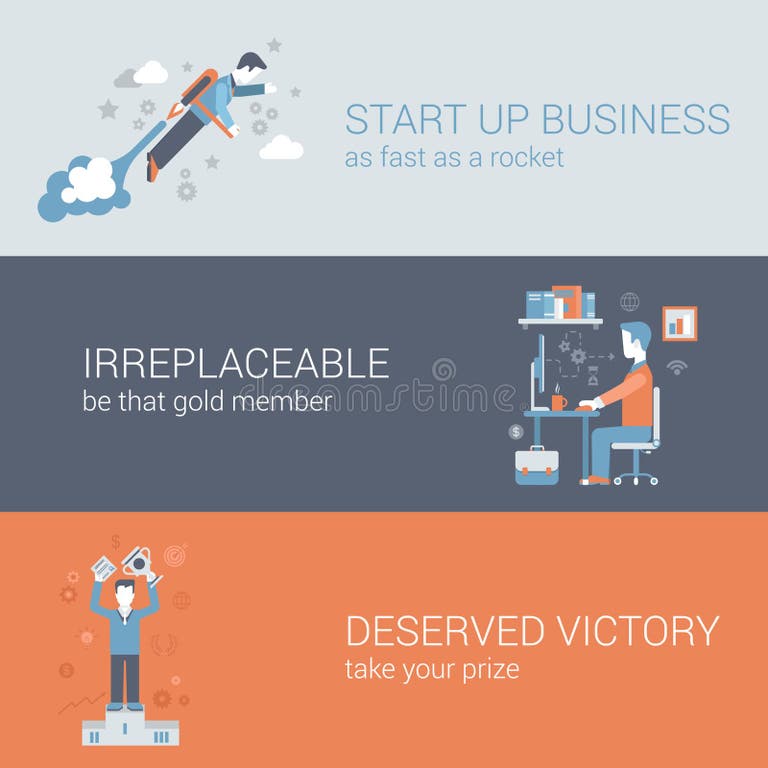 Quick Start Up Business Work Hard Win Flat Web Banners Template Stock ...