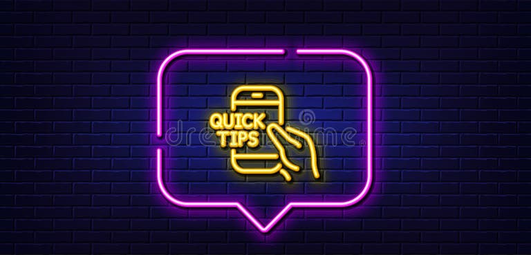 Quick Tips on Phone Line Icon. Helpful Tricks Sign. Neon Light Speech ...