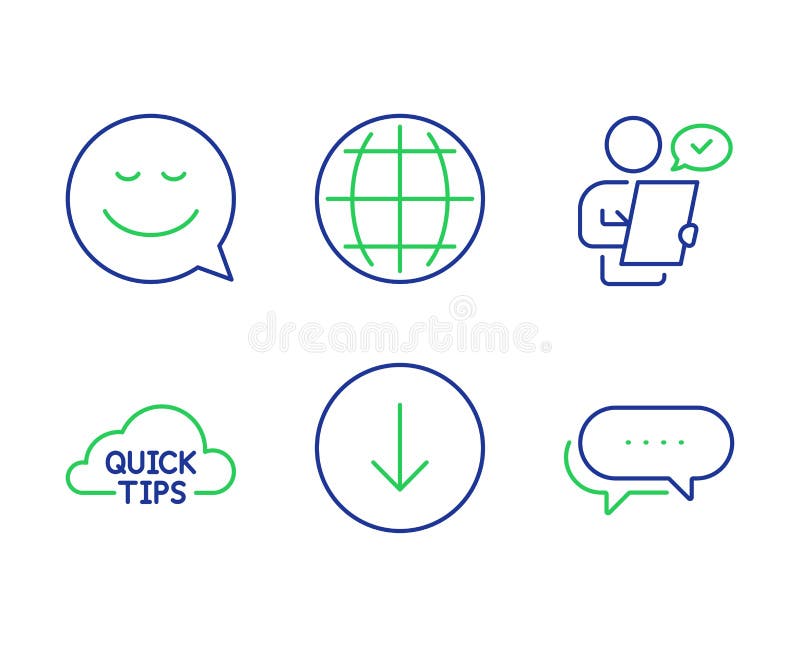 Quick Tips, Smile and Globe Icons Set. Scroll Down, Customer Survey and ...