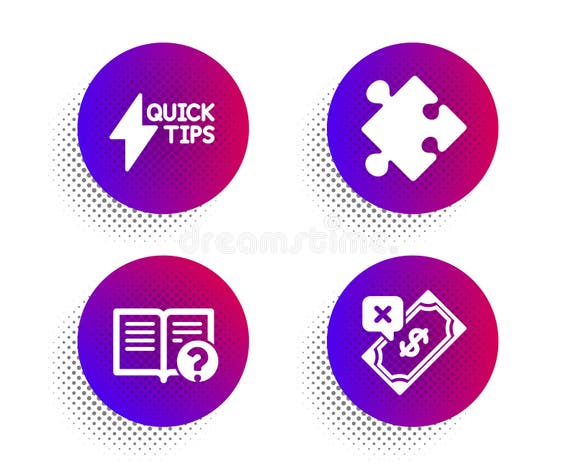 Quickstart Guide, Strategy and Help Icons Set. Rejected Payment Sign. Lightning Symbol, Puzzle ...