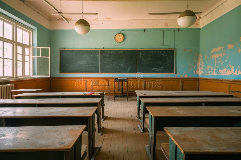 A Quiet, Abandoned Classroom with Empty Desks and a Chalkboard on the ...