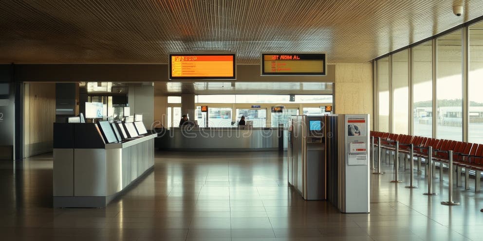 Calm Airport Terminal Waiting Area with Check-in Counters and ...