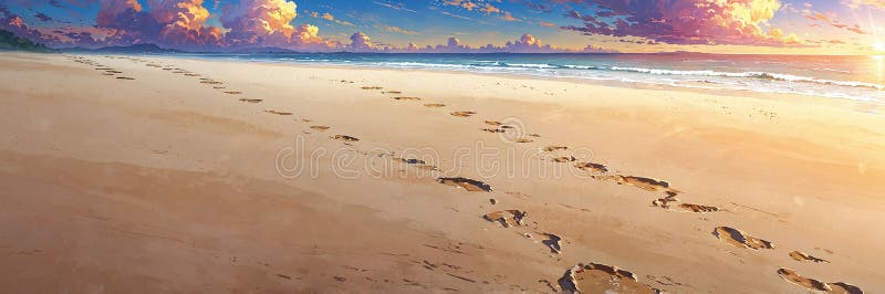 Quiet Anime Beach with Footprints in the Sand and Distant Islands Stock ...