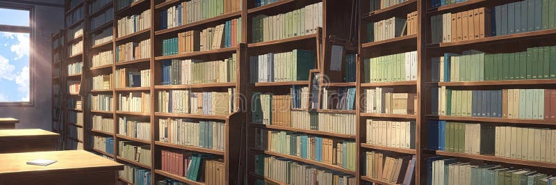Quiet Anime Library with Rows of Bookshelves and Gentle Lighting Stock ...