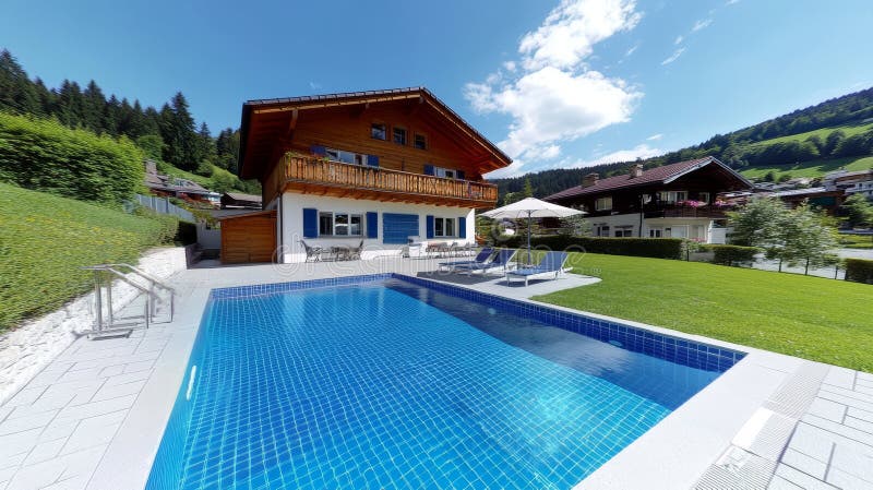 Quiet Backyard Pool Area with Loungers and Flourishing Greenery Stock ...