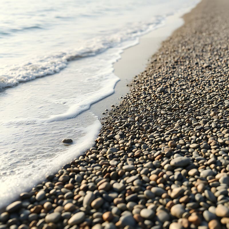 A Quiet Beach Lined with Smooth Pebbles, with Soft Waves Lapping at the ...
