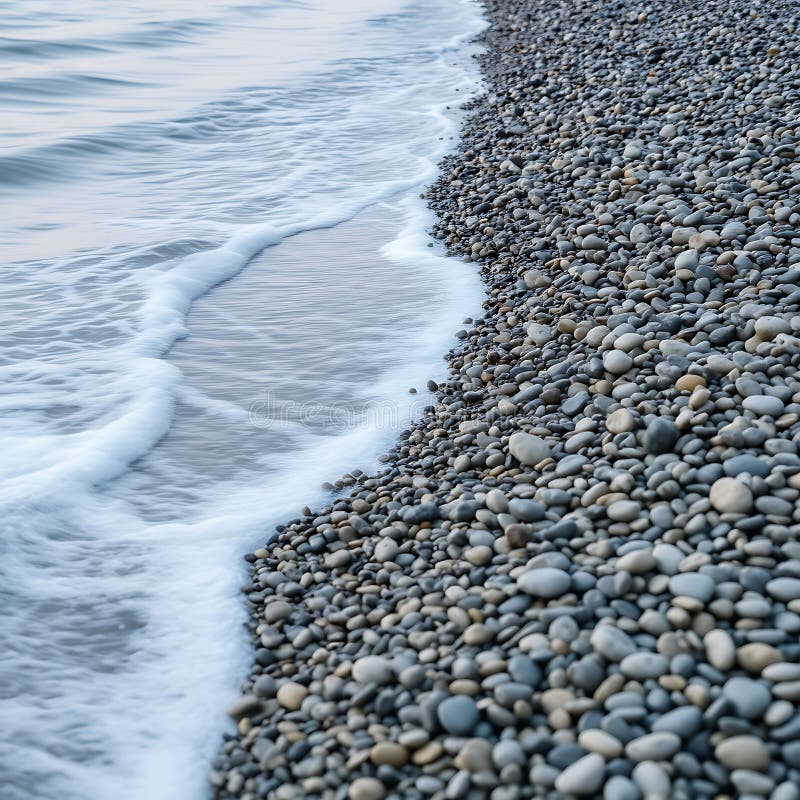A Quiet Beach Lined with Smooth Pebbles, with Soft Waves Lapping at the ...