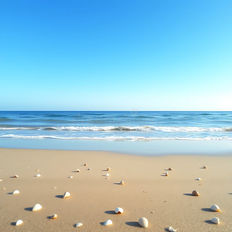 A Quiet Beach Scene with Gentle Waves Seashells Scattered Across the ...