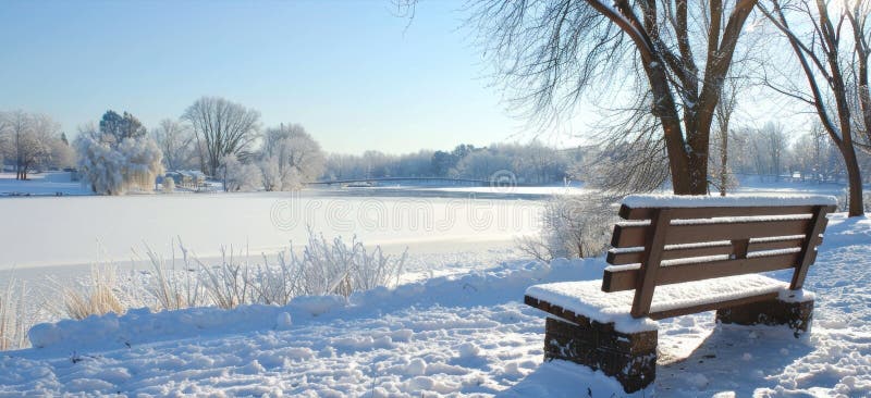 The Quiet Beauty of a Snowcovered Bench Overlooking the Frozen Lake ...