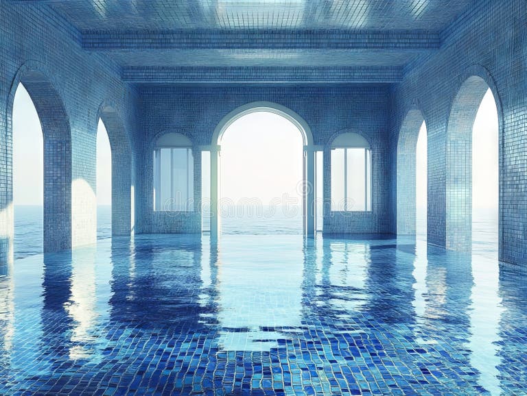 Quiet Blue Tile Archway Path Overlooking the Ocean Stock Image - Image ...