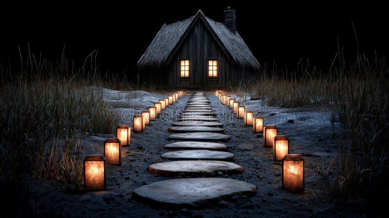 Quiet Cabin Path Lit by Lanterns in a Serene Winter Landscape Stock ...