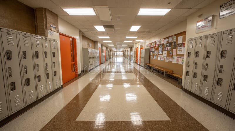 Quiet Campus Hallway with Lockers and Clear Central Space in a School ...