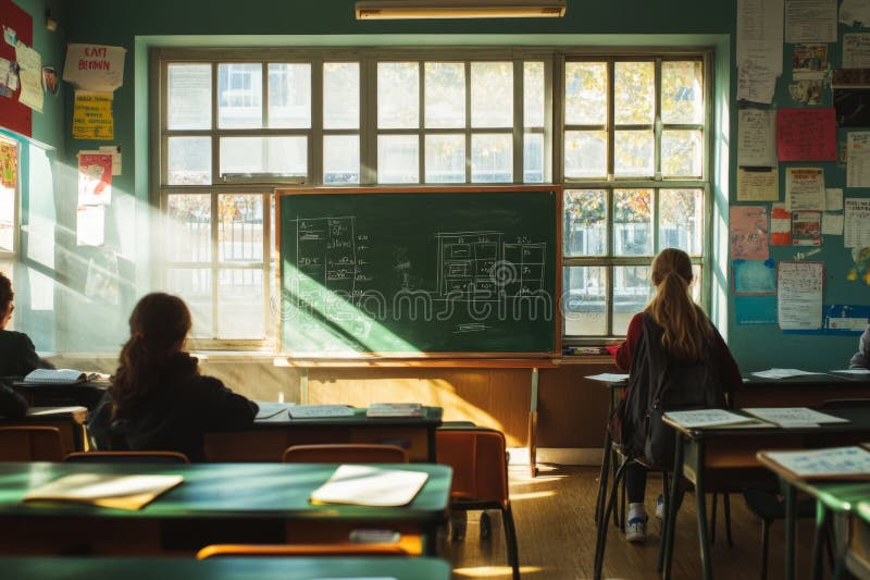 A Quiet Classroom Scene with Students Focused on Learning. Sunlight ...