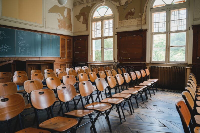 A Quiet Classroom with Wooden Chairs Neatly Arranged and a Chalkboard ...