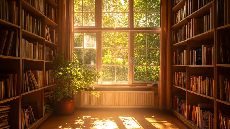 A Quiet Corner of a Library with Sunlight Streaming through the Window ...