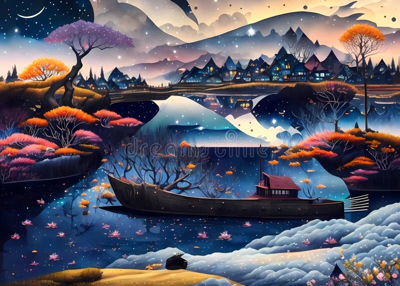 A Quiet Country in the Night - AI Generated Art Stock Illustration ...