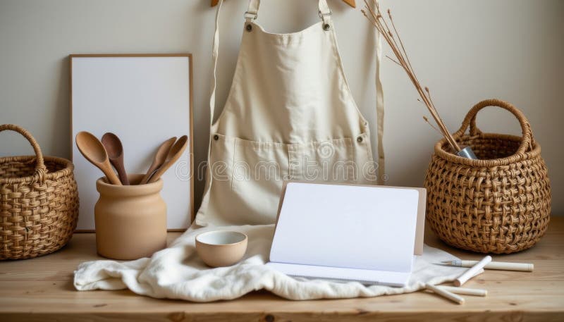 Quiet Creative Corner with Folded Cotton Apron, Handmade Pottery Tools ...