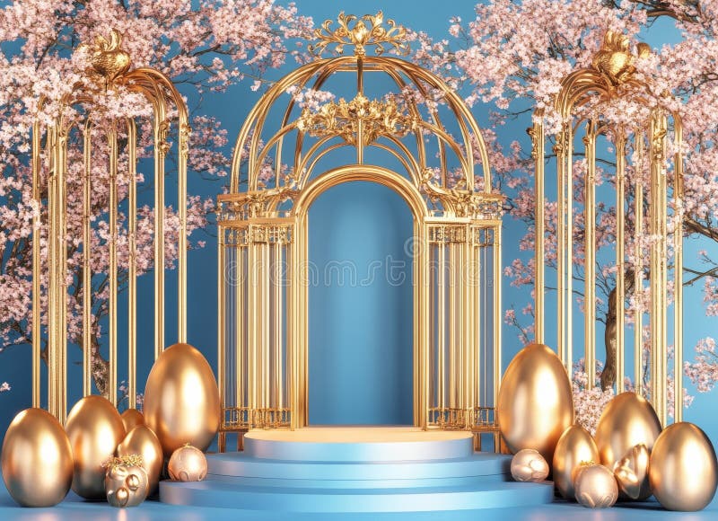 In a Quiet Easter Scene, Pastel Eggs and a Bunny Lie on a Two-tiered ...