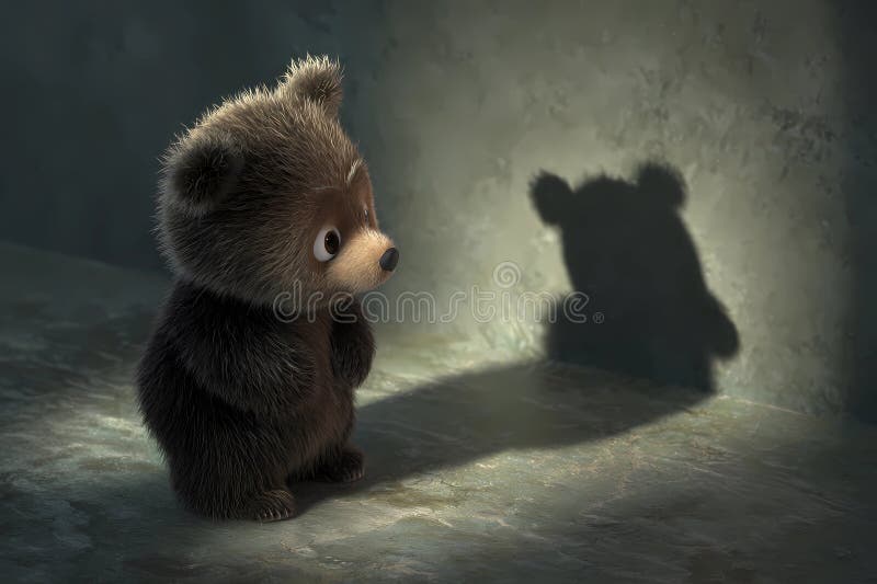 Sad Little Bear Cub Gazes at Its Shadow in a Dimly Lit Forest Setting ...