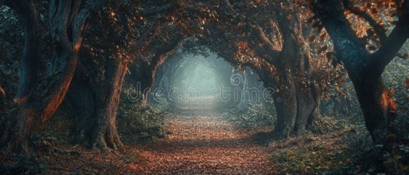 Quiet Forest Path with Carpet of Leaves Inviting Exploration through ...