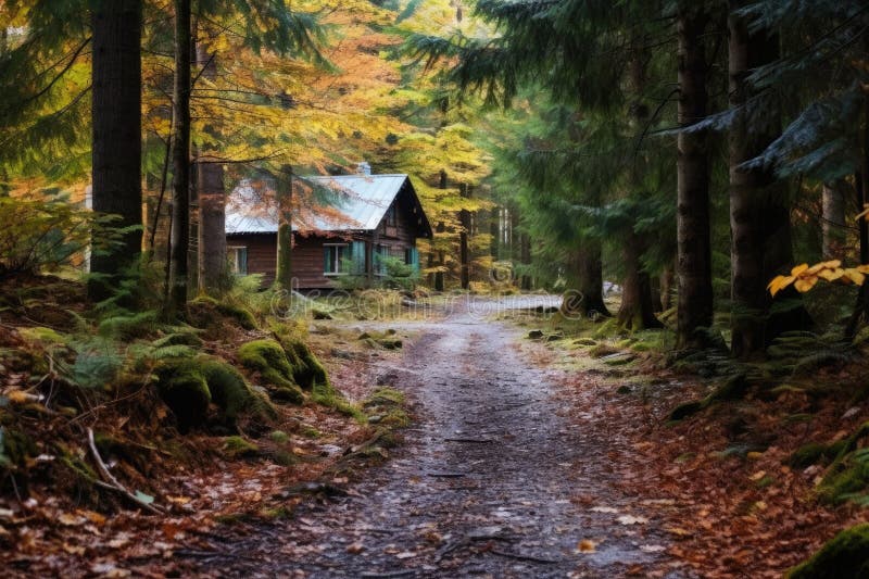 Quiet Forest Path Leading To a Cosy Cabin Stock Illustration ...