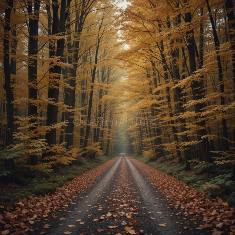 A Quiet Forest Path Lined with Autumn Leaves Stock Illustration ...