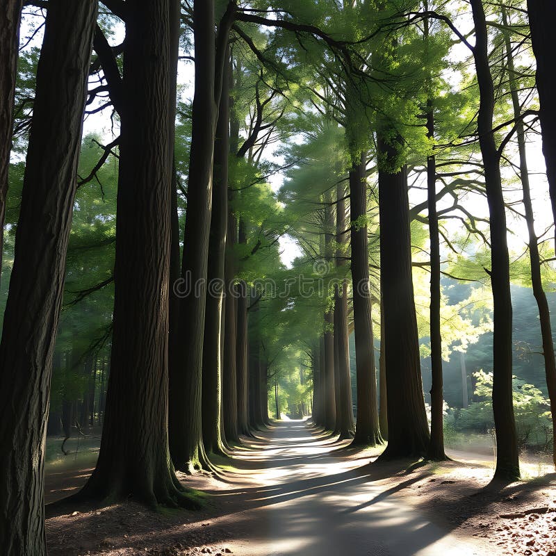 A Quiet Forest Path Lined with Tall, Ancient Trees and Dappled Sunlight ...