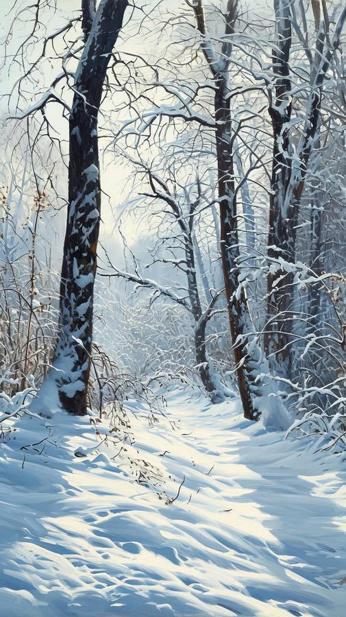Quiet Forest Pathway Surrounded by Snow-covered Trees and a Soft Winter ...