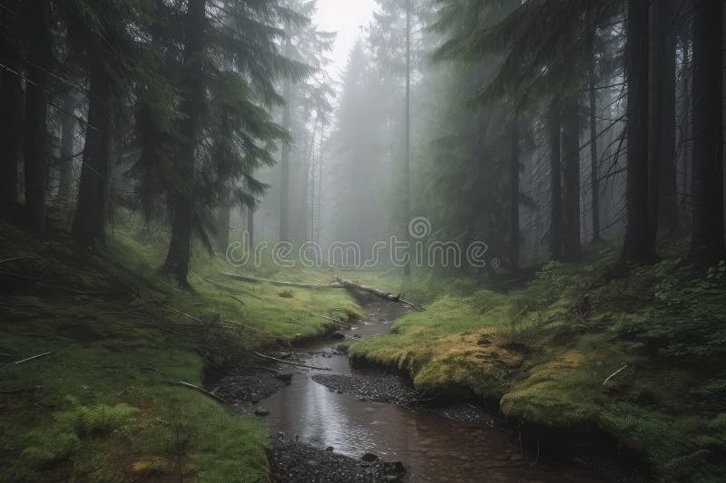 Quiet Forest with Spruce Trees and Stream, Enveloped by Misty ...