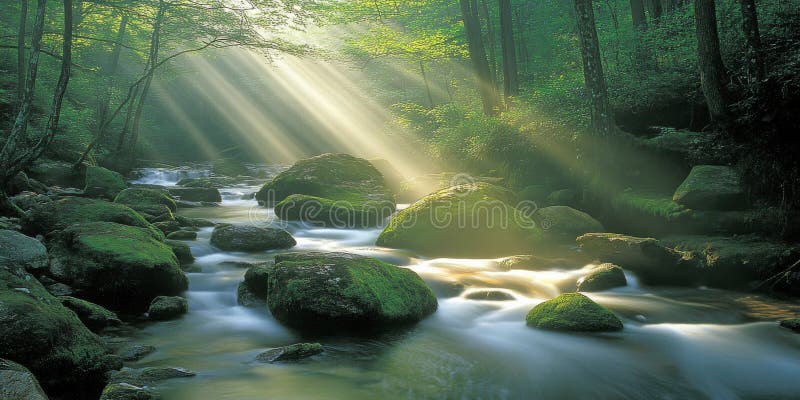 A Quiet Forest Stream Flowing through Moss-covered Rocks. Sunlight ...