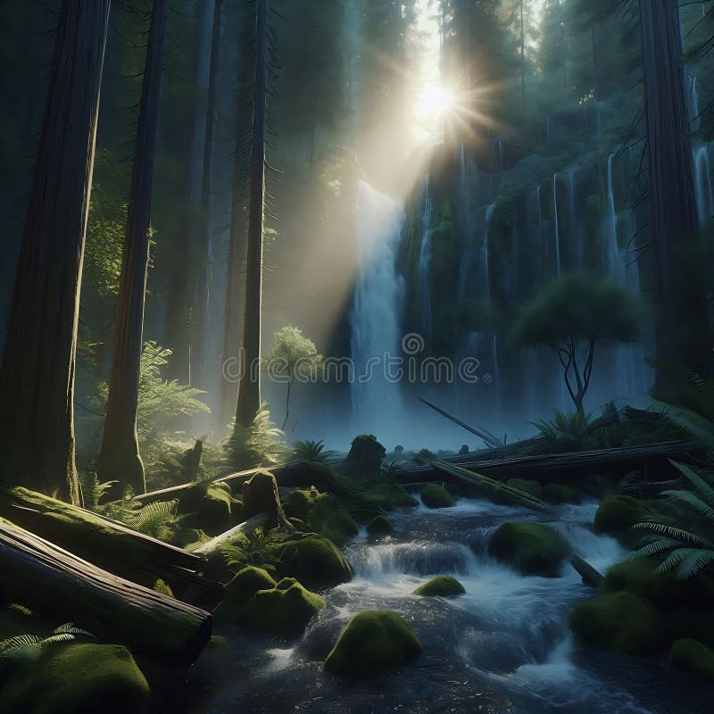 A Quiet Forest Waterfall Glows Under a Single Shaft of Warm Light Stock ...