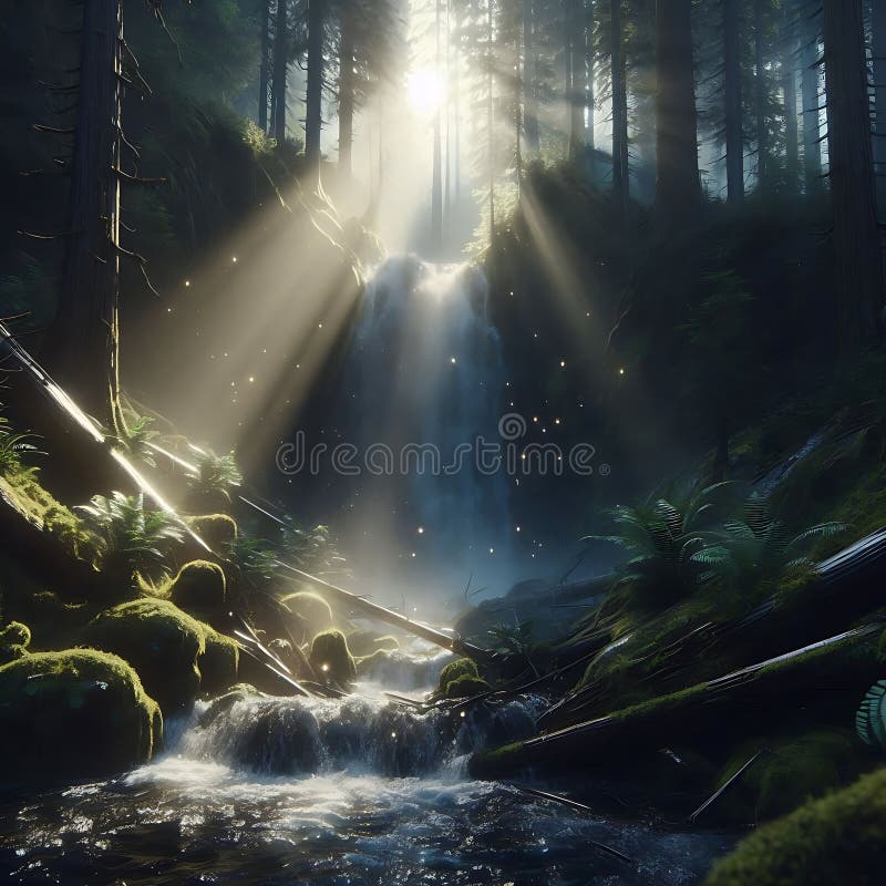 A Quiet Forest Waterfall Glows Under a Single Shaft of Warm Light Stock ...