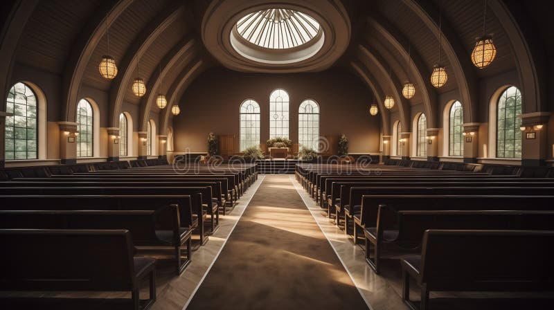 Quiet Funeral Hall with Rows of Seats and an Altar, with Space for Text ...