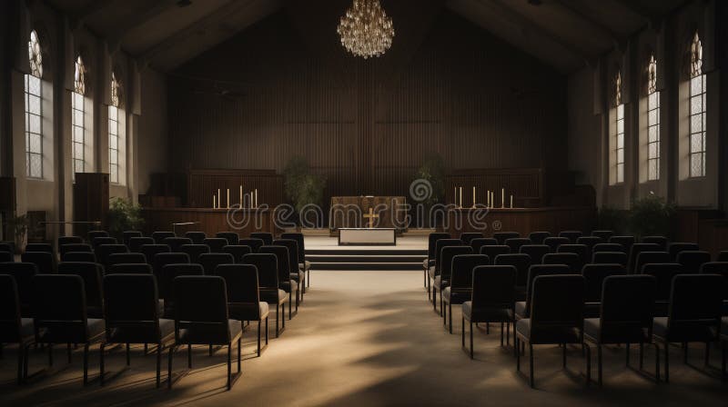 Quiet Funeral Hall with Rows of Seats and an Altar, with Space for Text ...