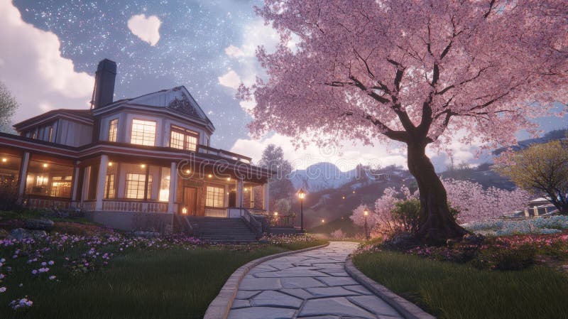 Quiet House Nestled in Night-Time Cherry Blossoms Stock Image - Image ...