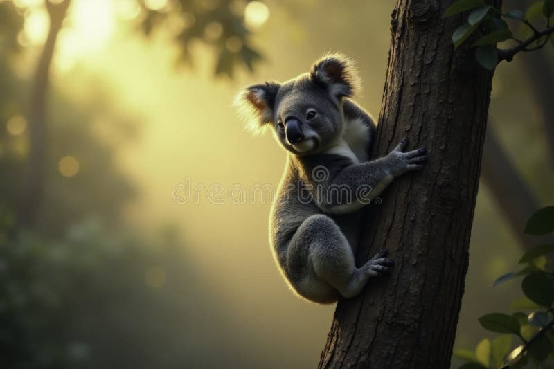 Quiet Koala Rests on a Branch of Tall Eucalyptus Tree, Misty Morning ...