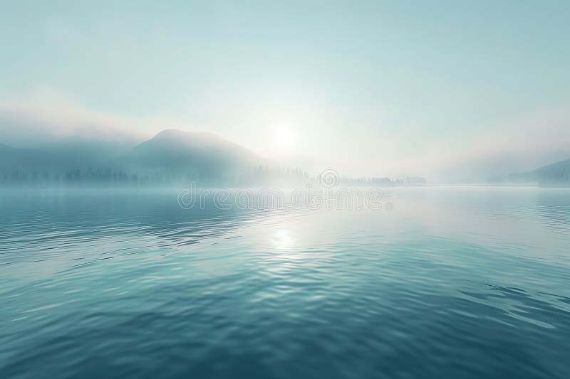A Quiet Lake at Dawn with Mist Over the Water Creating a Tranquil and ...