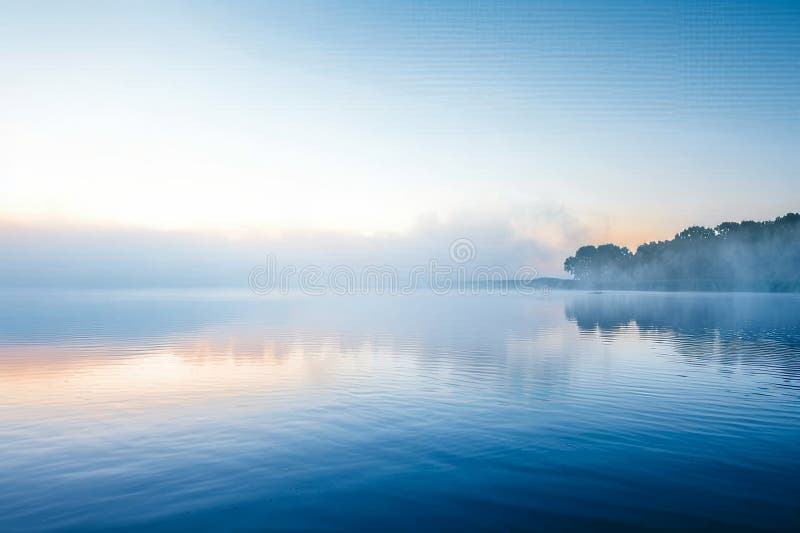 A Quiet Lake at Dawn with Mist Over the Water Creating a Tranquil and ...