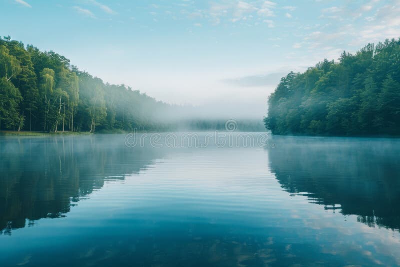 A Quiet Lake at Dawn with Mist Over the Water Creating a Tranquil and ...