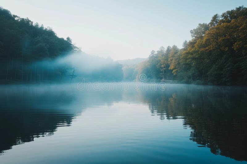 A Quiet Lake at Dawn with Mist Over the Water Creating a Tranquil and ...