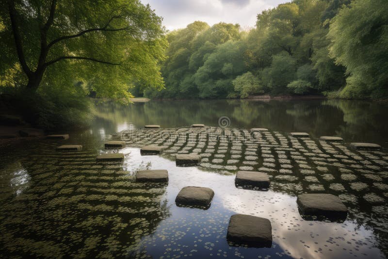 Quiet Lake Surrounded by a Maze of Stepping Stones and Pathways Stock ...