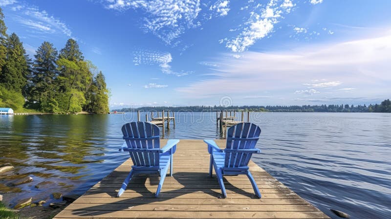 A Quiet Lakefront Setting with a Pier, Enhanced by Two Solitary Blue ...