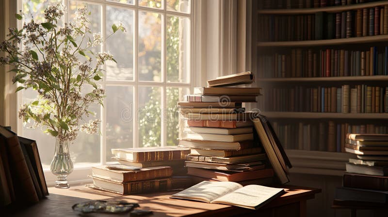 A Quiet Library Corner with Books Stacked on a Table, Soft Natural ...