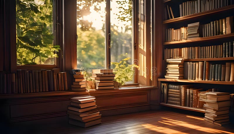 Quiet Library Corner with Poetry Books Stacked beside a Window with ...